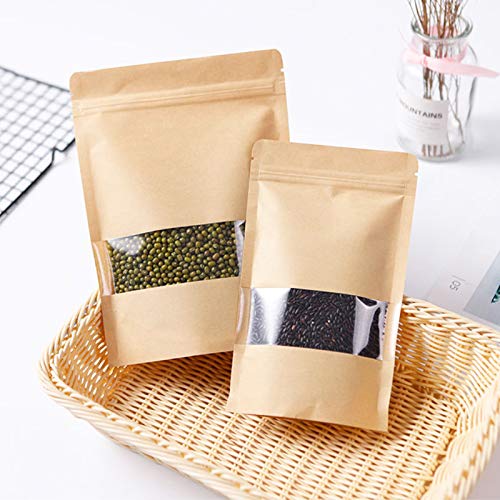 100 Pcs Resealable Stand Up kraft Paper Bags with Window for Packaging Products, Reusable Zip Lock Food Storage Pouch Bags (5.5" x 8.6")