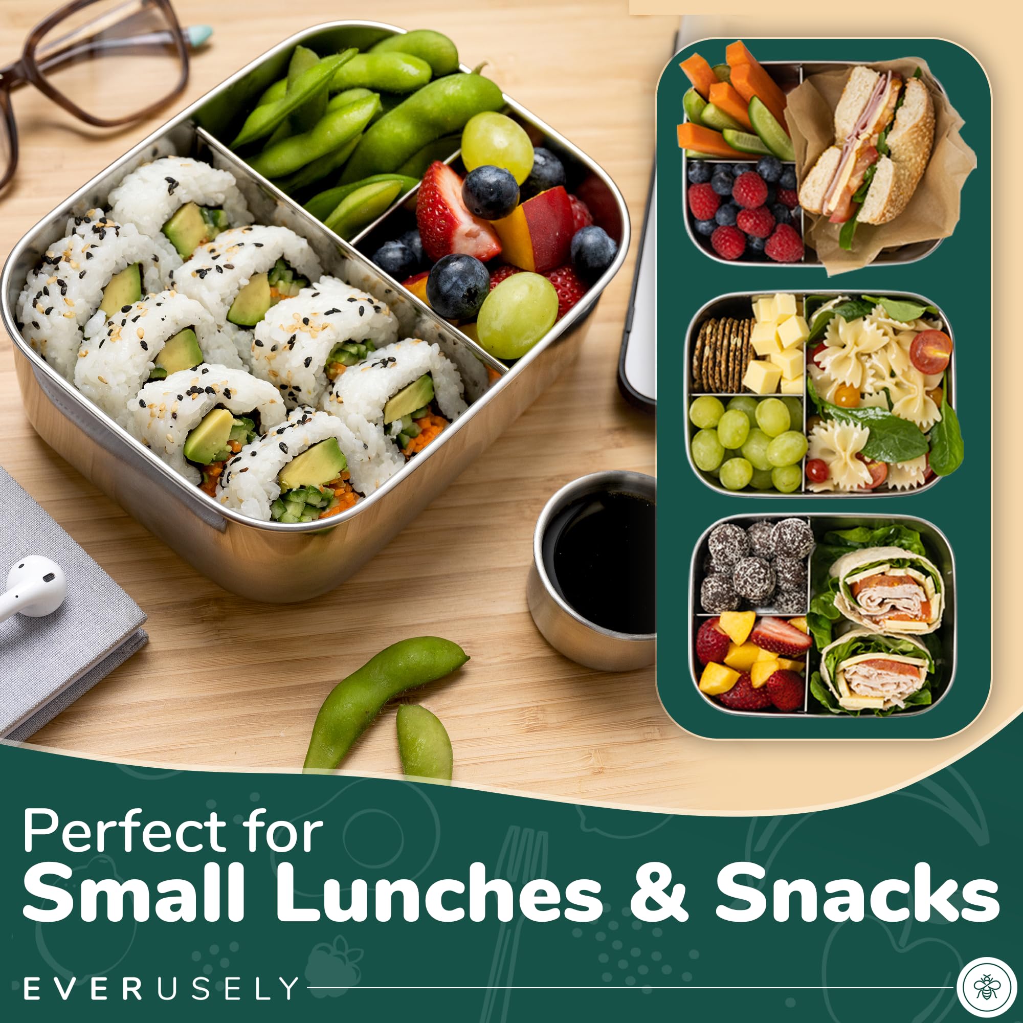 Everusely - Bento Box for Kids - Green, 6.5x4.7 / 27oz - Stainless Steel Lunch Box w/Leakproof Condiment Container - 3 Compartment Snack Box for School, Office Meals - Freezer & Dishwasher Safe