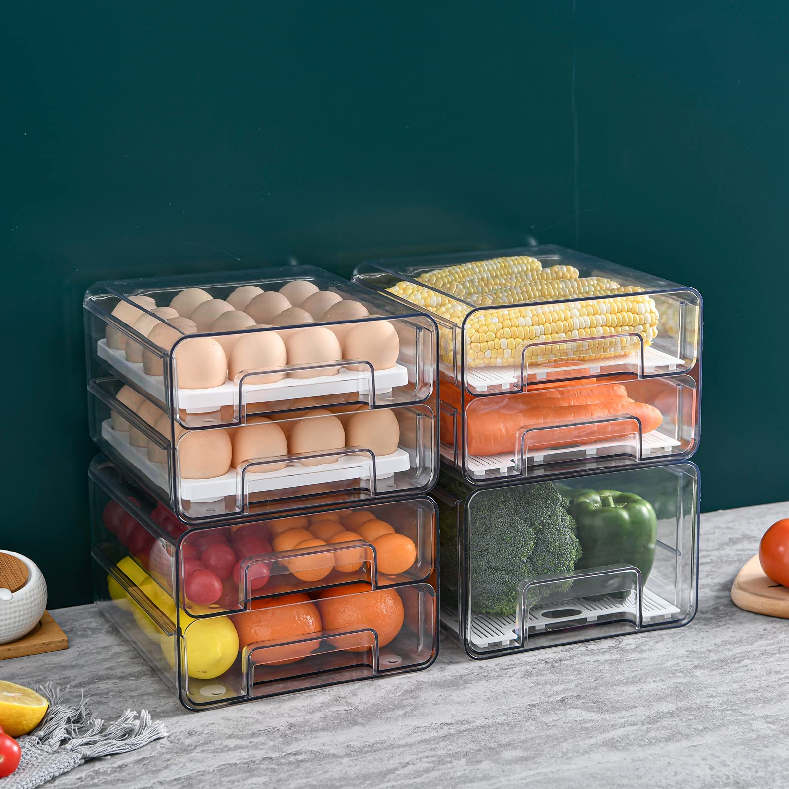 Qielie Food Storage Containers Pantry Organizer with Lids, Removable Drain Tray Fruit Vegetables Storage Rack Clear Fridge Storage Stackable Meal Fresh Keeper Bins
