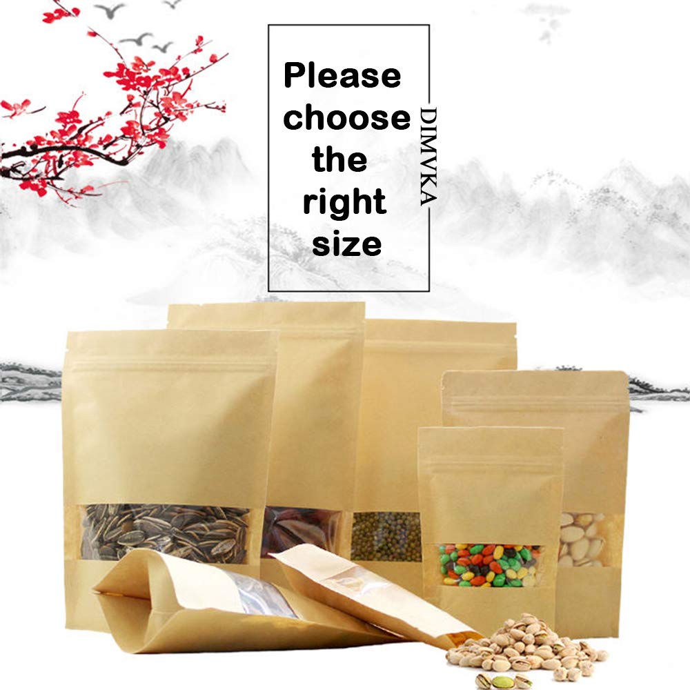 100 Pcs Resealable Stand Up kraft Paper Bags with Window for Packaging Products, Reusable Zip Lock Food Storage Pouch Bags (5.5" x 8.6")