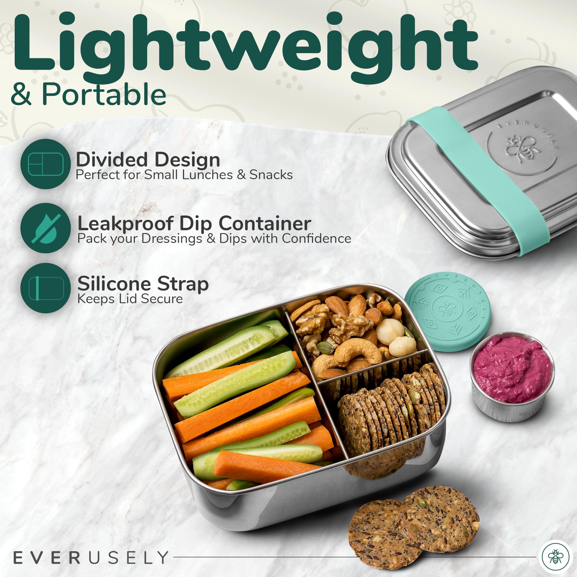 Everusely - Bento Box for Kids - Green, 6.5x4.7 / 27oz - Stainless Steel Lunch Box w/Leakproof Condiment Container - 3 Compartment Snack Box for School, Office Meals - Freezer & Dishwasher Safe