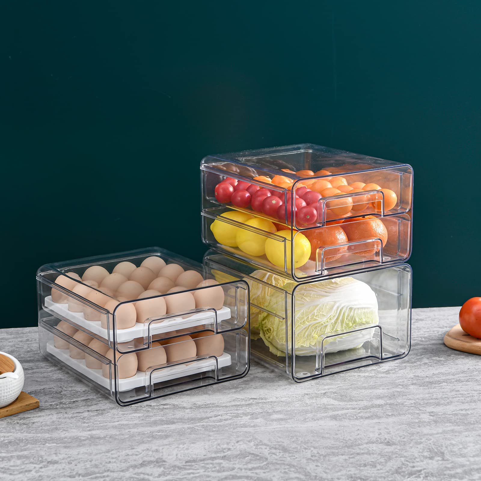 Qielie Food Storage Containers Pantry Organizer with Lids, Removable Drain Tray Fruit Vegetables Storage Rack Clear Fridge Storage Stackable Meal Fresh Keeper Bins