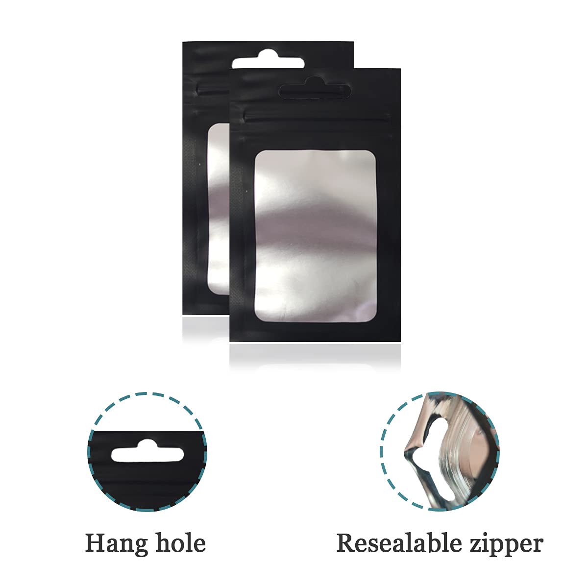 PABCK 100 Pack Resealable Matte Black Zipper Lock Window Bags with Euro Hang Hole for Zip Food Storage Lock Pouches Plastic Foil Packet 10.5x15 cm (4.1x5.9 inch)