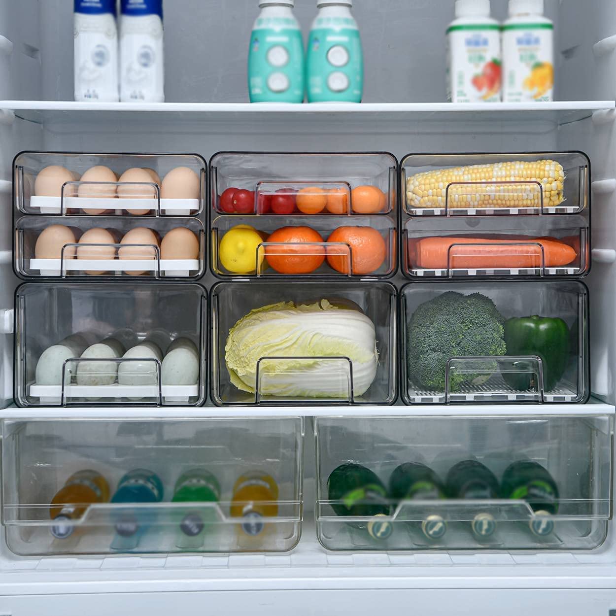 Qielie Food Storage Containers Pantry Organizer with Lids, Removable Drain Tray Fruit Vegetables Storage Rack Clear Fridge Storage Stackable Meal Fresh Keeper Bins