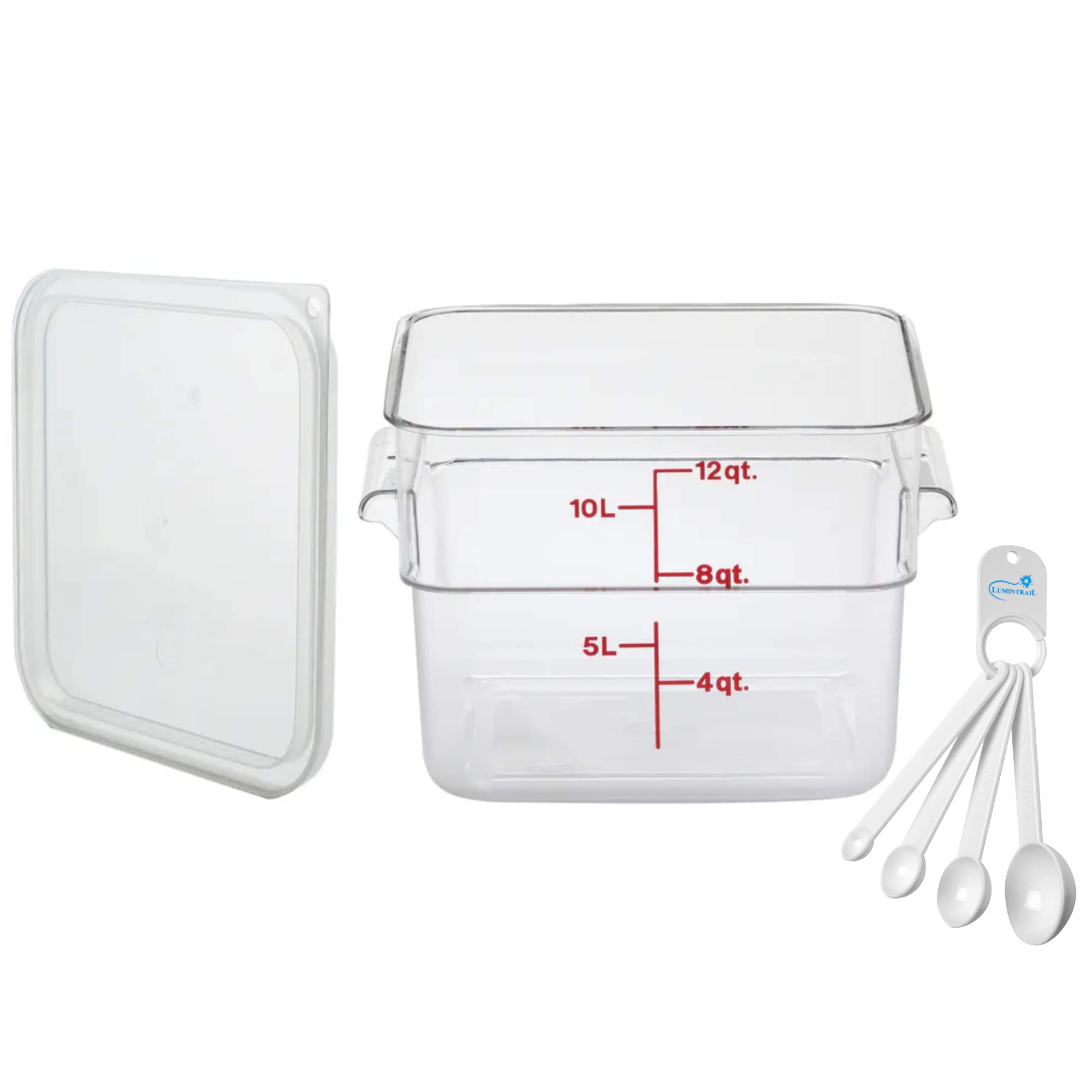 Lumintrail Cambro 12 Qt Square Food Storage Container Clear with Lid Bundle Includes a Measuring Spoon Set