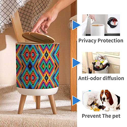 Trash Can with Lid Seamless Ethnic Tribal in Mexican and Peruvian Colors imitating Yarn Wood Small Garbage Bin Waste Bin for Kitchen Bathroom Bedroom Press Cover Wastebasket 7L/1.8 Gallon