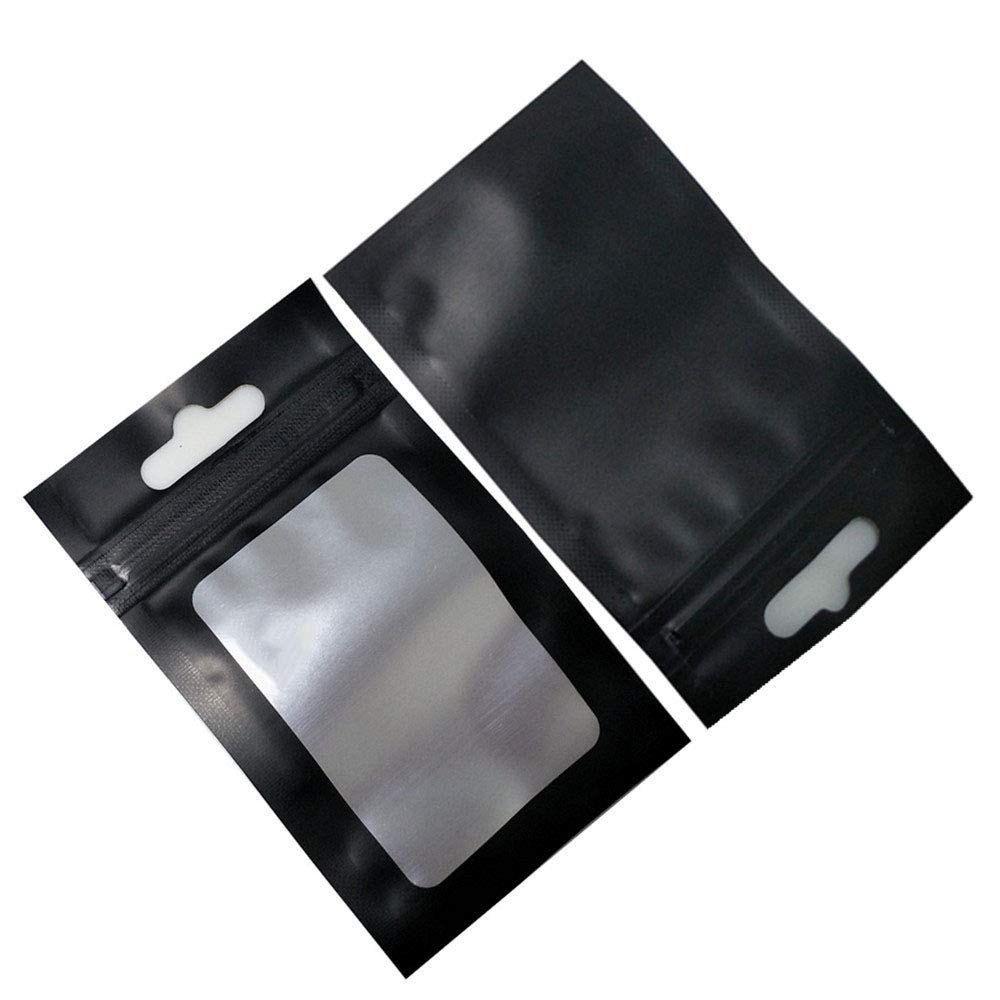 PABCK 100 Pack Resealable Matte Black Zipper Lock Window Bags with Euro Hang Hole for Zip Food Storage Lock Pouches Plastic Foil Packet 10.5x15 cm (4.1x5.9 inch)