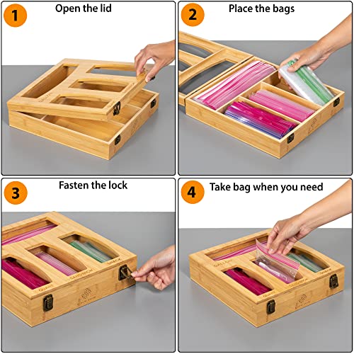HEALTHY DREAM Bamboo Ziplock Bag Storage Organizer and Dispenser for Kitchen Drawer - Compatible with Ziploc, Hefty, Glad, Solimo for Snack, Sandwich, Quart and Gallon Size Storage Bags (4 in 1)