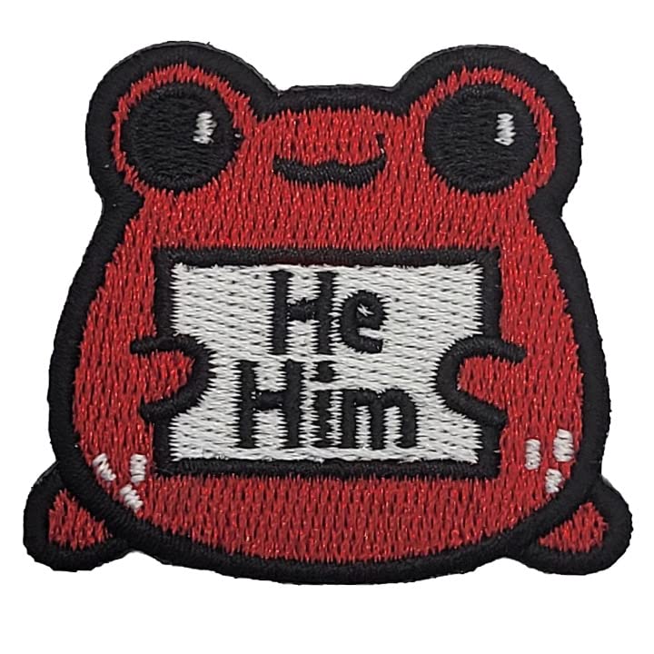 Pronoun "Statement Frogs" Embroidered Patch- USA Made- Multiple Colors Available (Red He/Him)