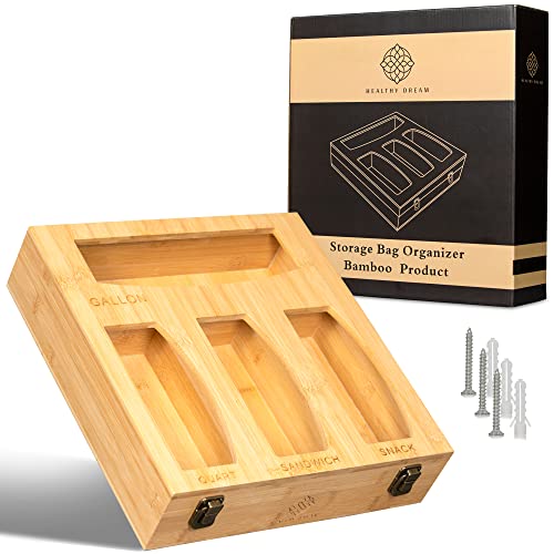 HEALTHY DREAM Bamboo Ziplock Bag Storage Organizer and Dispenser for Kitchen Drawer - Compatible with Ziploc, Hefty, Glad, Solimo for Snack, Sandwich, Quart and Gallon Size Storage Bags (4 in 1)