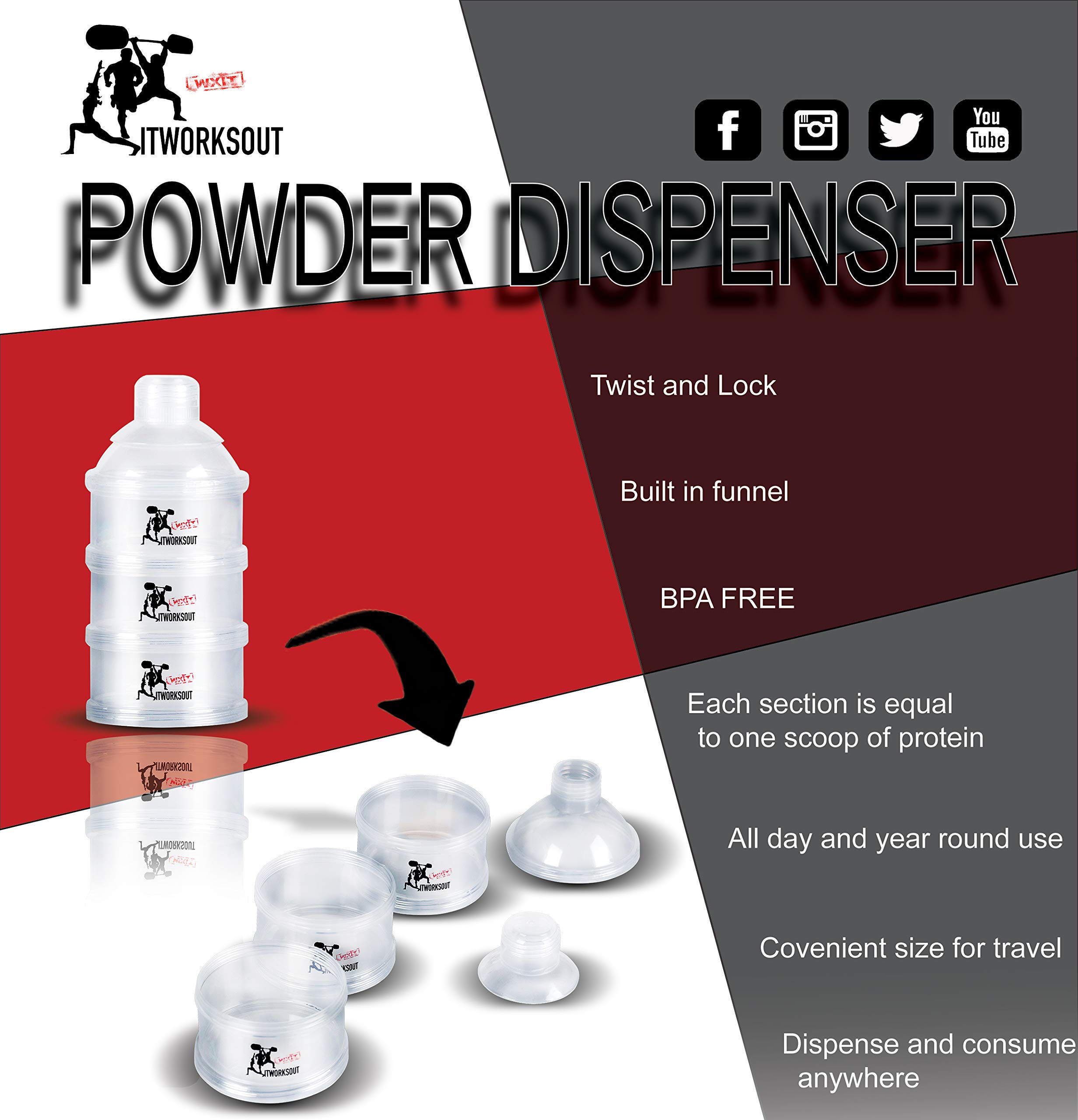 ITWORKSOUT Supplement Powder Dispenser,Protein Powder dispenser,Vitamins container,Travel friendly,Multi-Purpose,supplement Storage Container,BPA Free,3 Compartments,Transparent,funnel dispenser