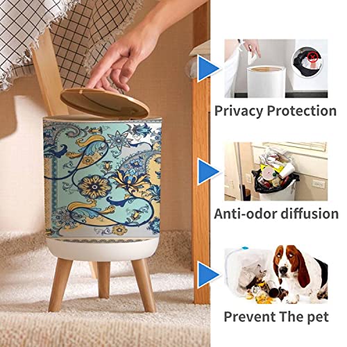 Trash Can with Lid Abstract Silk Scarf with Paisley Beautiful Oriental Paisley Classic Wood Small Garbage Bin Waste Bin for Kitchen Bathroom Bedroom Press Cover Wastebasket 7L/1.8 Gallon