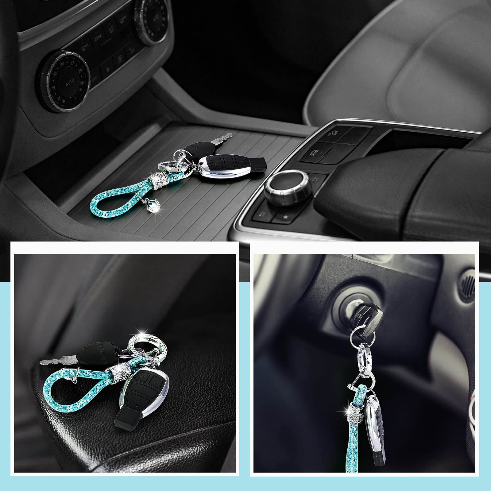 Frienda 1 Piece Crystal Bling Car Keychain for Women Glitter Rhinestone Ring Strap Fob Car Key Chains DIY Crafts (Lake Blue)