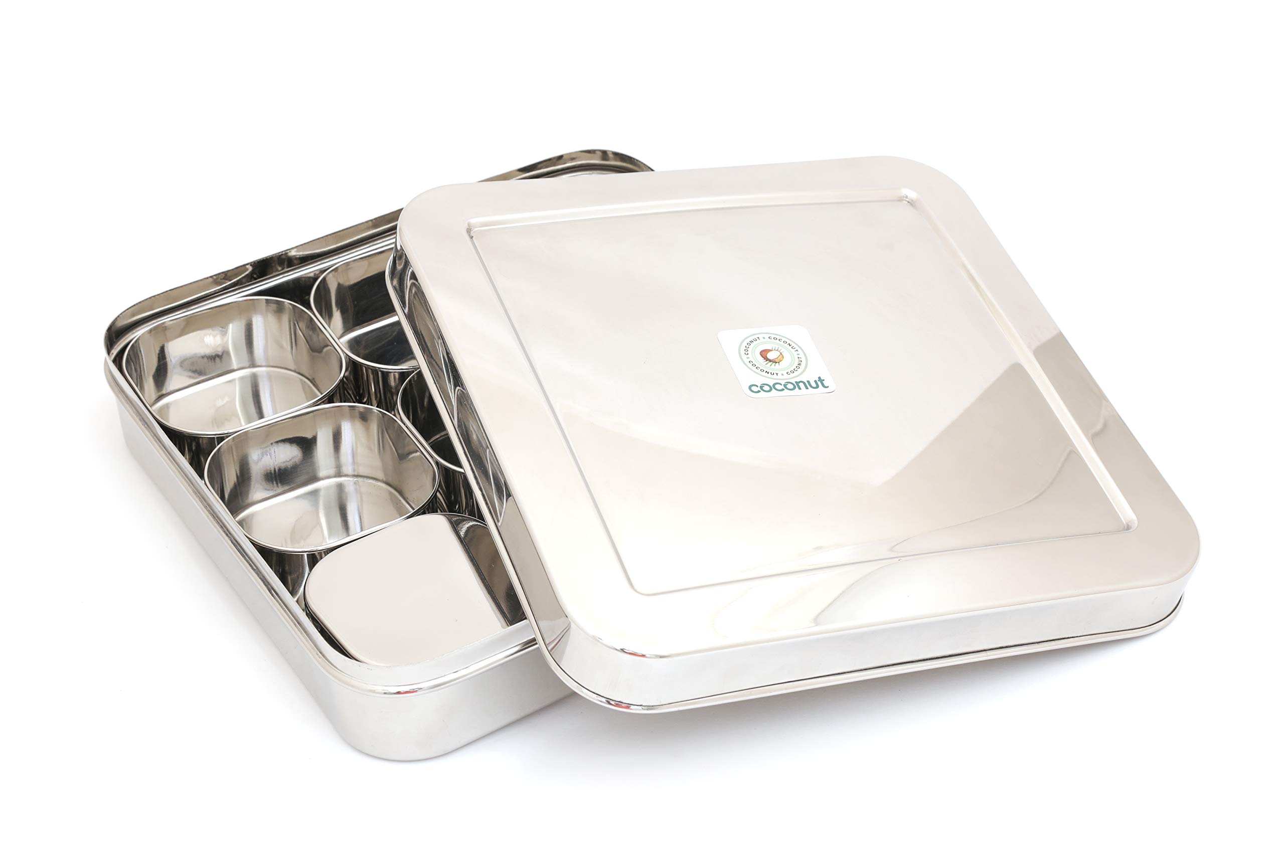 coconut Stainless Steel Square Masala Box/Spice Container/SS Lid Masala Box with 9 Bowls - Diamater - 9.7 Inches, Capacity - 180 ML Each Containers