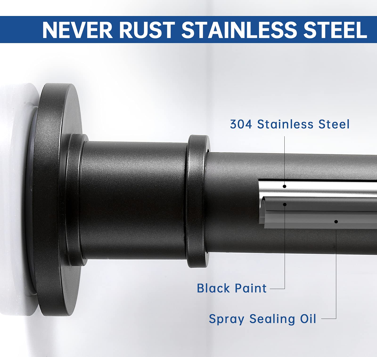 BRIOFOX Industrial Shower Curtain Rod - Never Rust Non-Slip 43-72 Inch Stainless Steel, Matte Black
