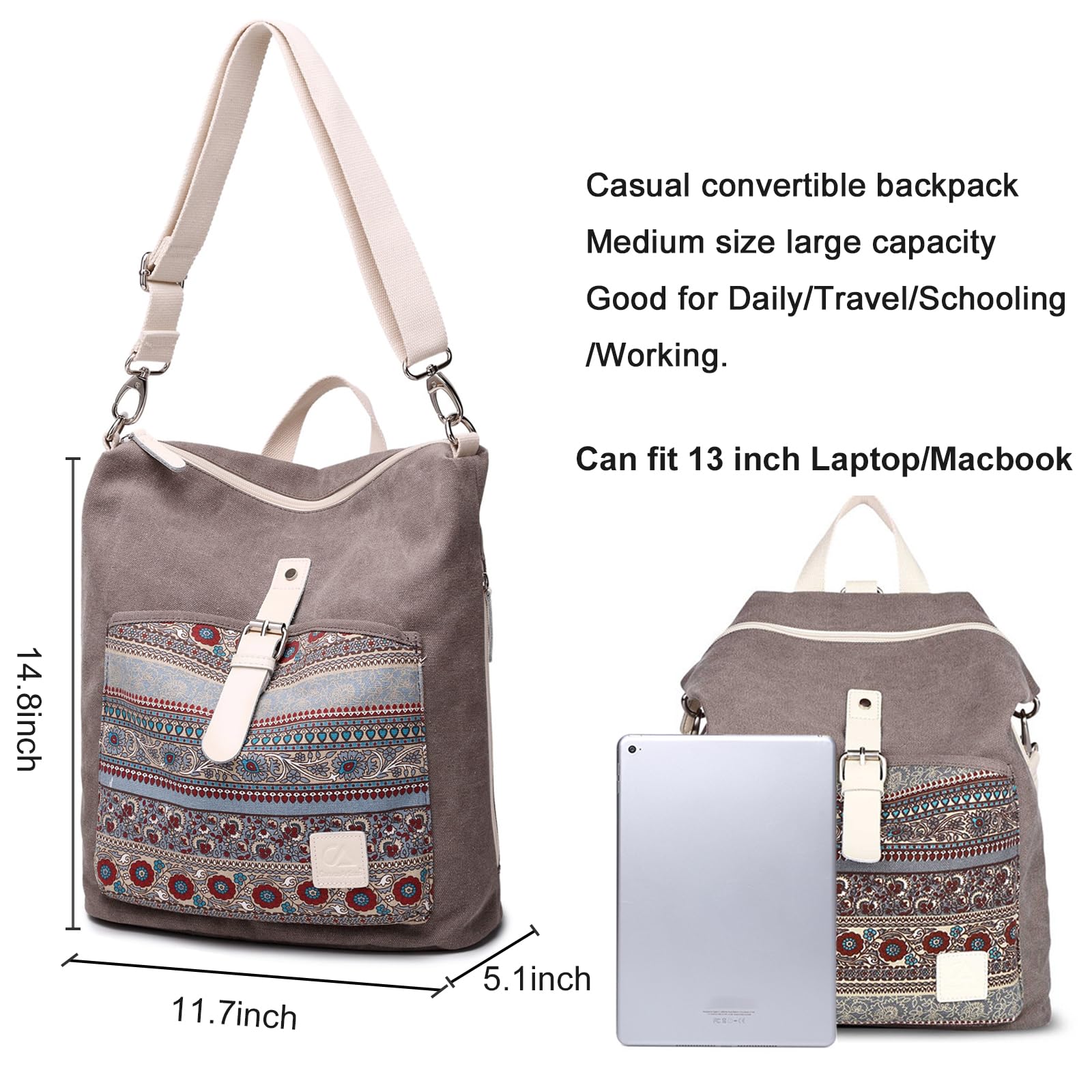 Backpack Purse Women Girls Canvas Backpack/Rucksack Convertible Shoulder bag Casual Daypack Medium