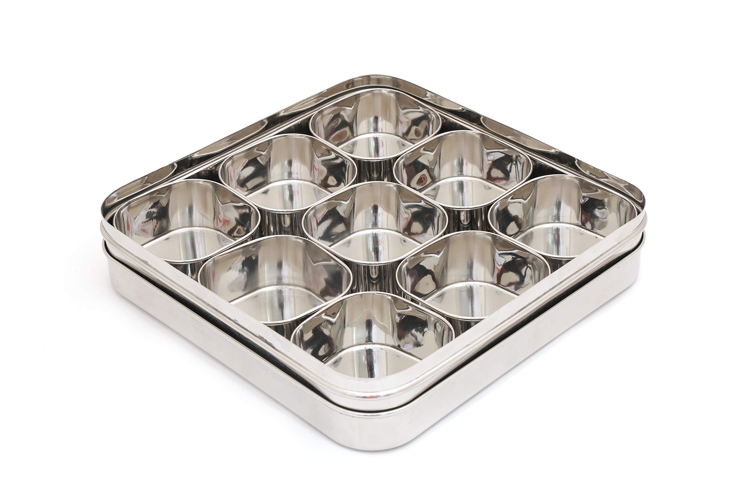 coconut Stainless Steel Square Masala Box/Spice Container/SS Lid Masala Box with 9 Bowls - Diamater - 9.7 Inches, Capacity - 180 ML Each Containers
