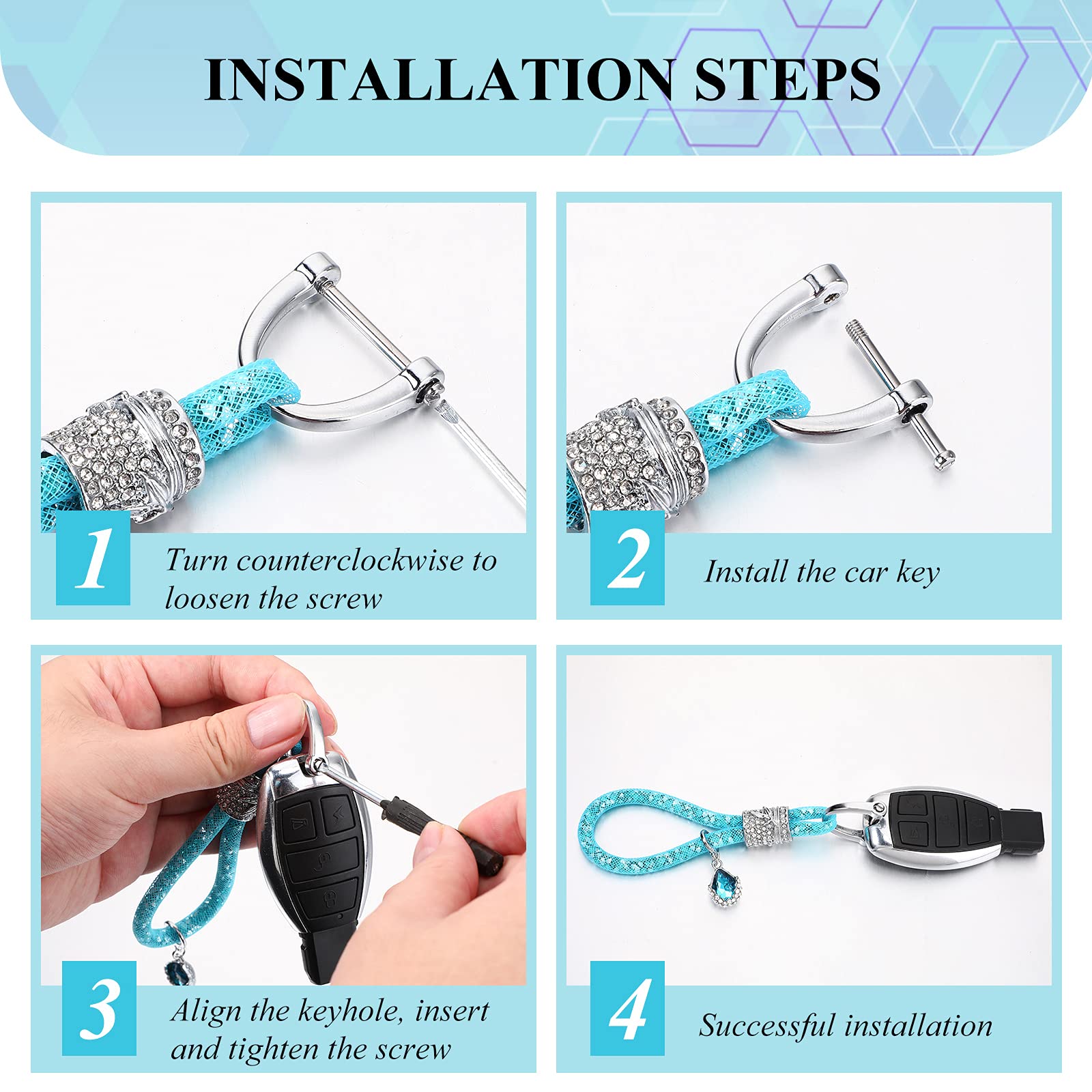 Frienda 1 Piece Crystal Bling Car Keychain for Women Glitter Rhinestone Ring Strap Fob Car Key Chains DIY Crafts (Lake Blue)