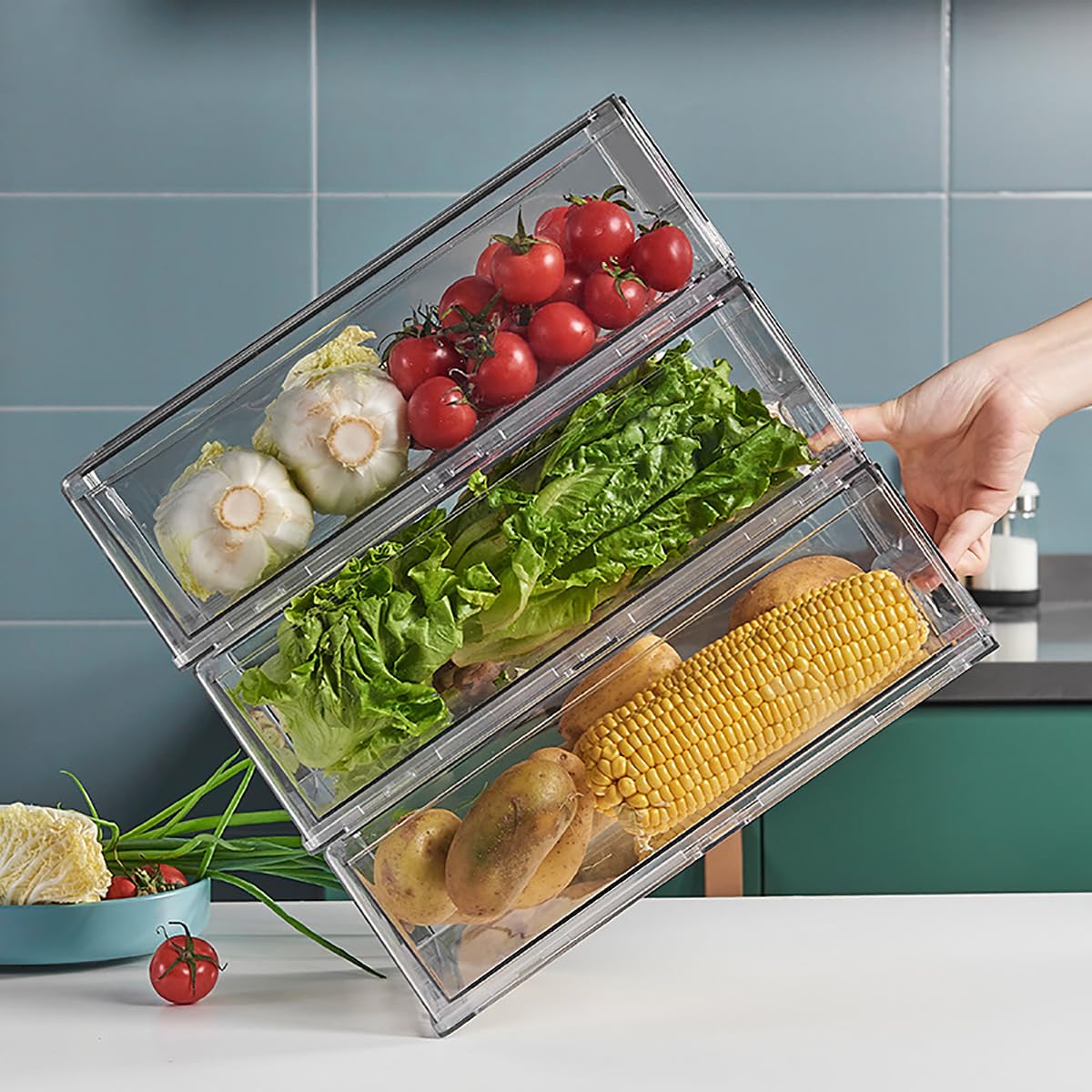 MANO 2Pack Clear Fridge Drawers Pull Out Stackable Refrigerator Drawer Organizer Bins Pantry Storage Box Plastic Food Containers for Kitchen Bathroom Office Closet (2pack Large)