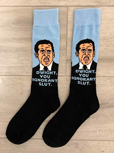 Balanced Co. Dwight You Ignorant S. Dress Socks Michael Scott Socks Funny Socks Crazy Socks Casual Socks (Black/Light Blue)