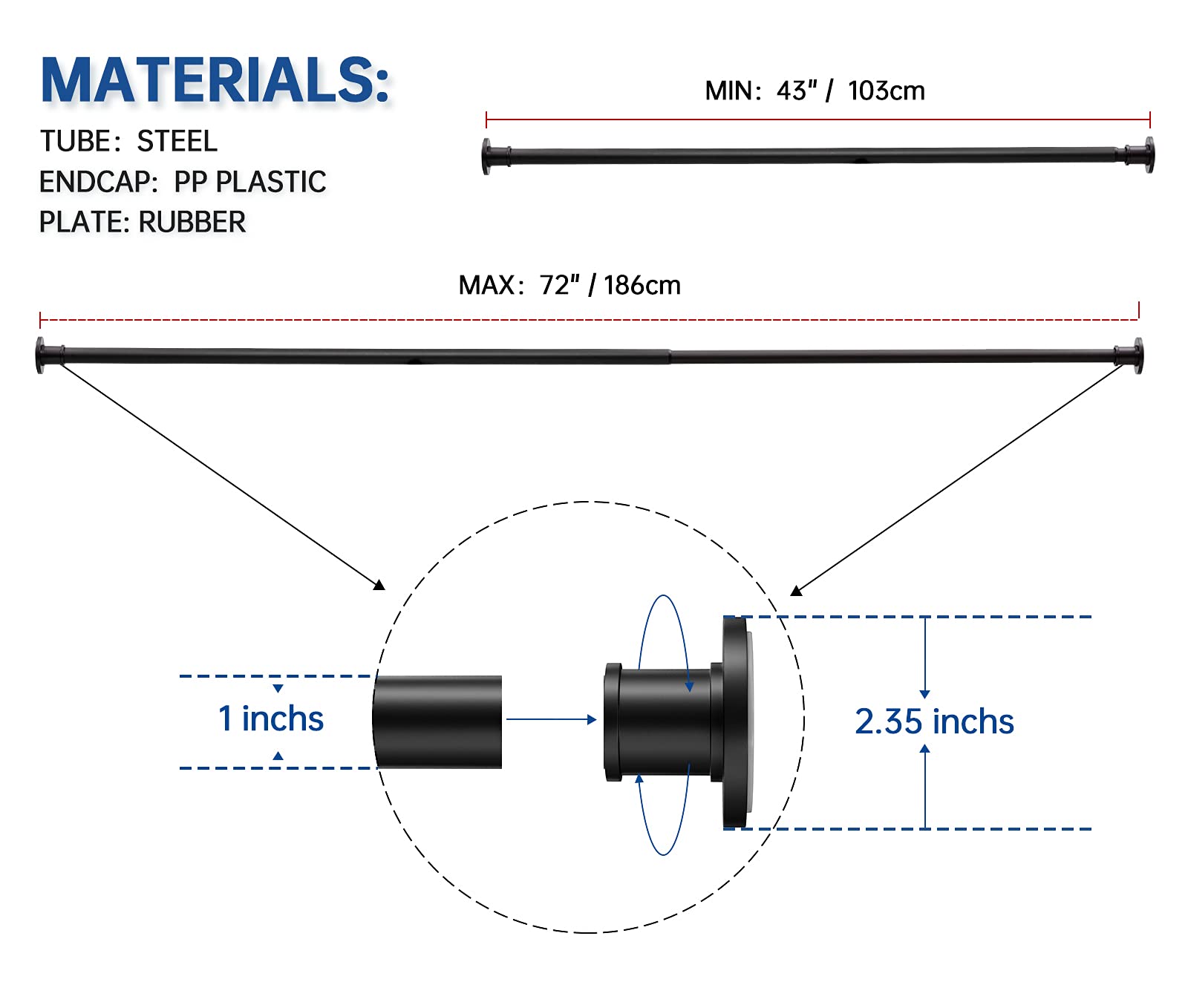 BRIOFOX Industrial Shower Curtain Rod - Never Rust Non-Slip 43-72 Inch Stainless Steel, Matte Black
