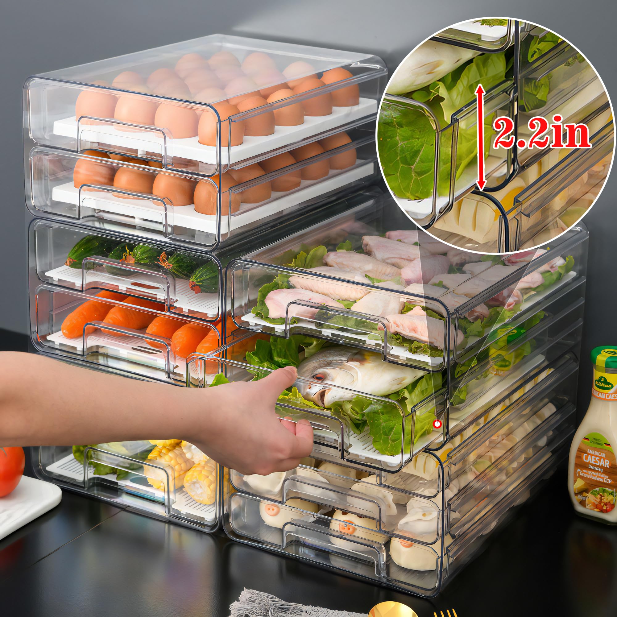 MANO Stackable Refrigerator Drawers Pull Out Bins Double Layer Fridge Organizer Refrigerator Organizer Box Clear Plastic Food Storage Containers Set Produce Saver for Pantry, Freezer, Kitchen Cabinet