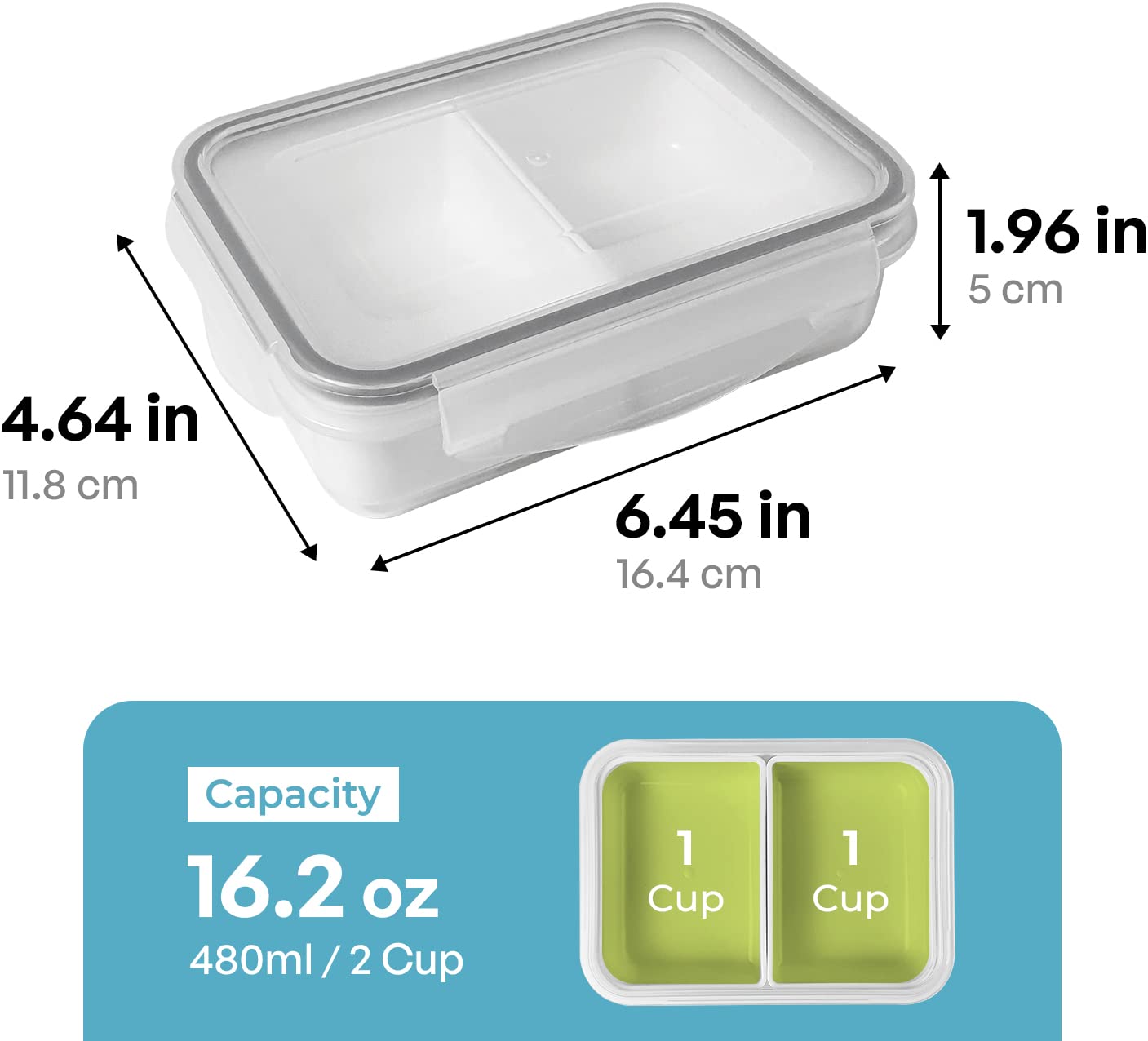 carrotez Food Storage Containers with 2 Removable Compartments, Snack Containers with Airtight Lids, Portion Control Container, Reusable, BPA Free, 2 Cup (480ml)