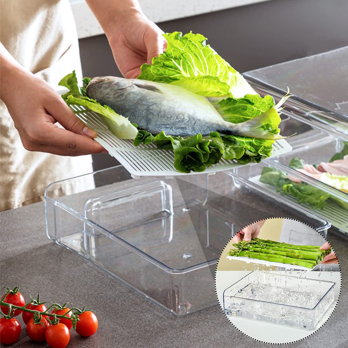 MANO Stackable Refrigerator Drawers Pull Out Bins Double Layer Fridge Organizer Refrigerator Organizer Box Clear Plastic Food Storage Containers Set Produce Saver for Pantry, Freezer, Kitchen Cabinet