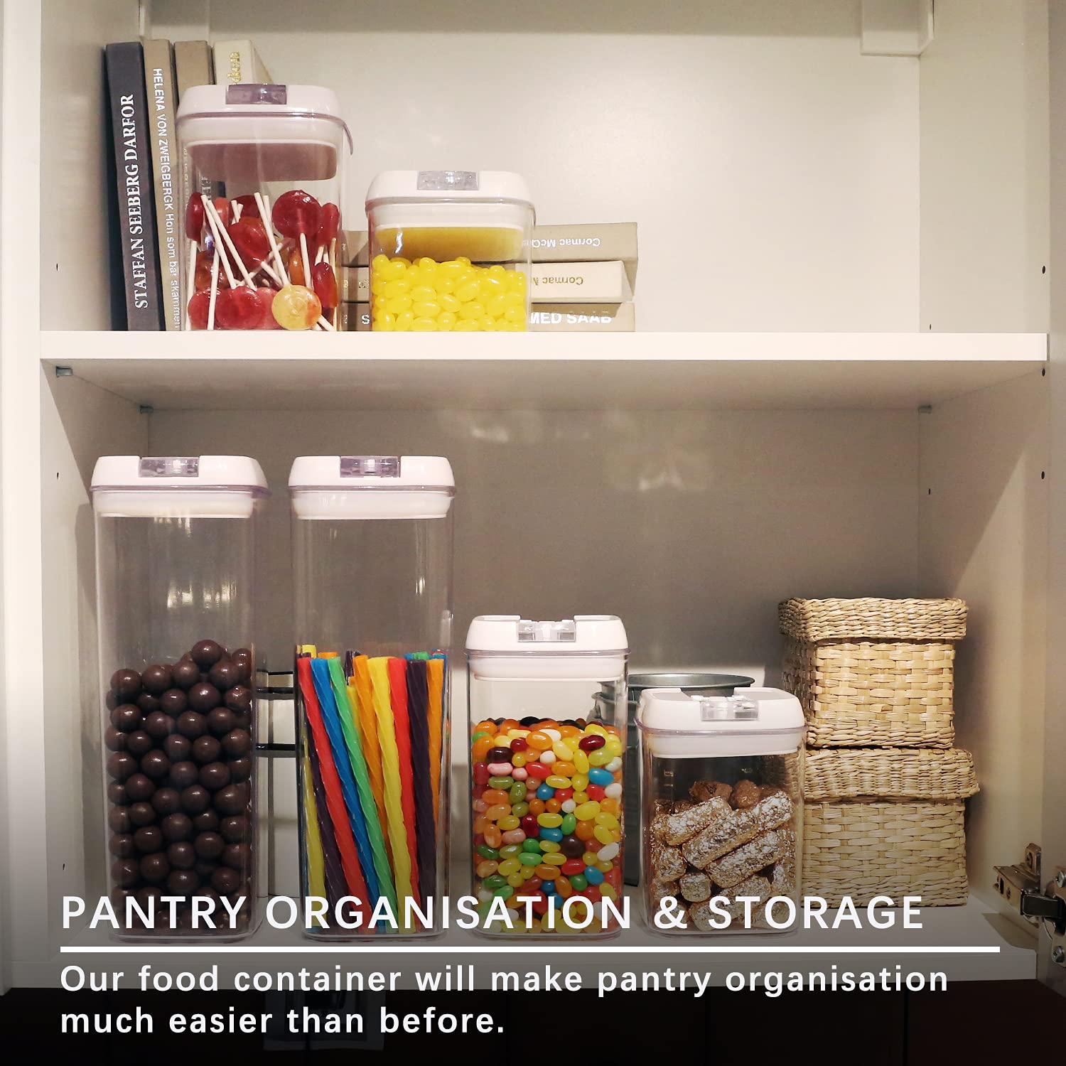 NUMYTON Pasta Containers for Pantry - 6Pcs - Pantry Organization and Storage - Airtight Food Storage Containers for Candy Bars, Chocolate, Twizzler, Toffee Candy, & Cereal