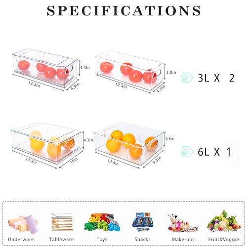 Mano 3Pack Fridge Drawer Pull Out Stackable Bins with Handle Clear Refrigerator Drawers Organizer Food Storage Container Box with Dividers Plastic Produce Saver for Pantry, Cabinet, Kitchen(2S+L)