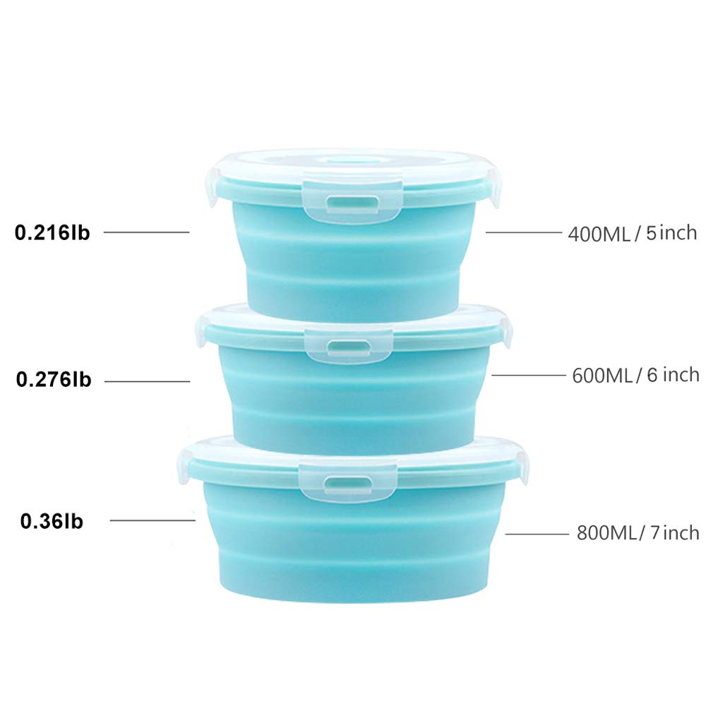 Collapsible Bowls, GLE2016 Silicone Collapsible Food Storage Containers with Lids for Camping, Round Silicone Lunch Containers, Microwave, Dishwasher and Freezer Safe (3, Blue)