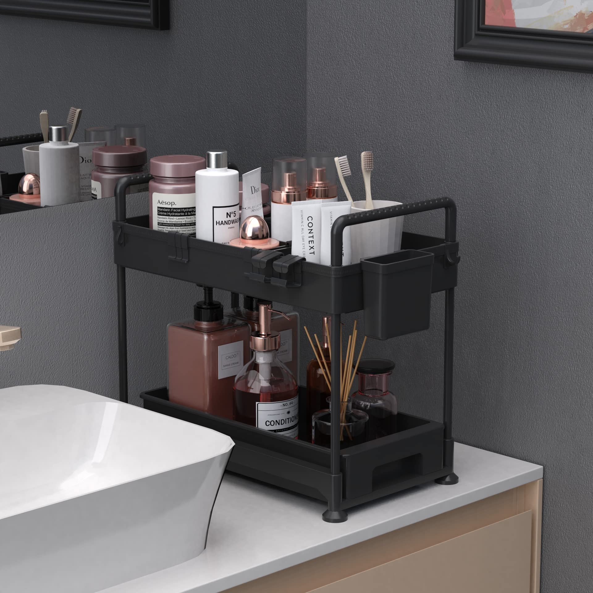 DDmispo Under Kitchen Sink Organizers and Storage, 2 Tier Bathroom Cabinet Undersink Organizer Storage Pull Out Shelf Drawer, Under-Sink Organizers Sliding Rack for Narrow Space