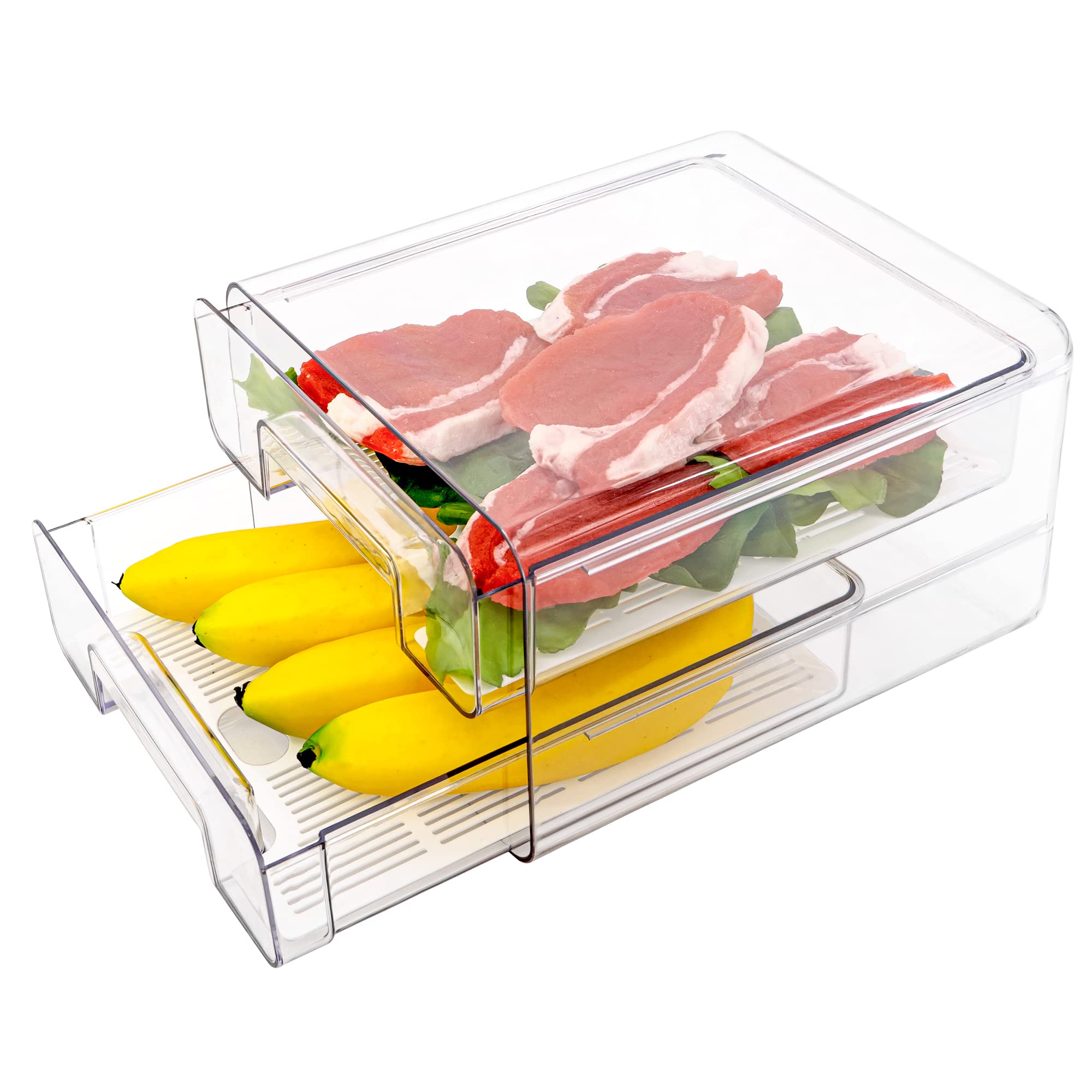 MANO Stackable Refrigerator Drawers Pull Out Bins Double Layer Fridge Organizer Refrigerator Organizer Box Clear Plastic Food Storage Containers Set Produce Saver for Pantry, Freezer, Kitchen Cabinet