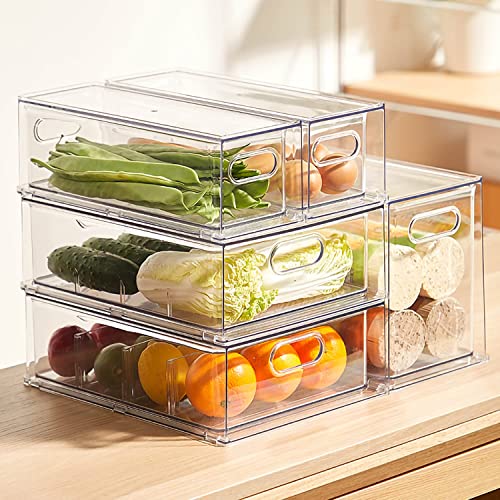 Mano 3Pack Fridge Drawer Pull Out Stackable Bins with Handle Clear Refrigerator Drawers Organizer Food Storage Container Box with Dividers Plastic Produce Saver for Pantry, Cabinet, Kitchen(2S+L)