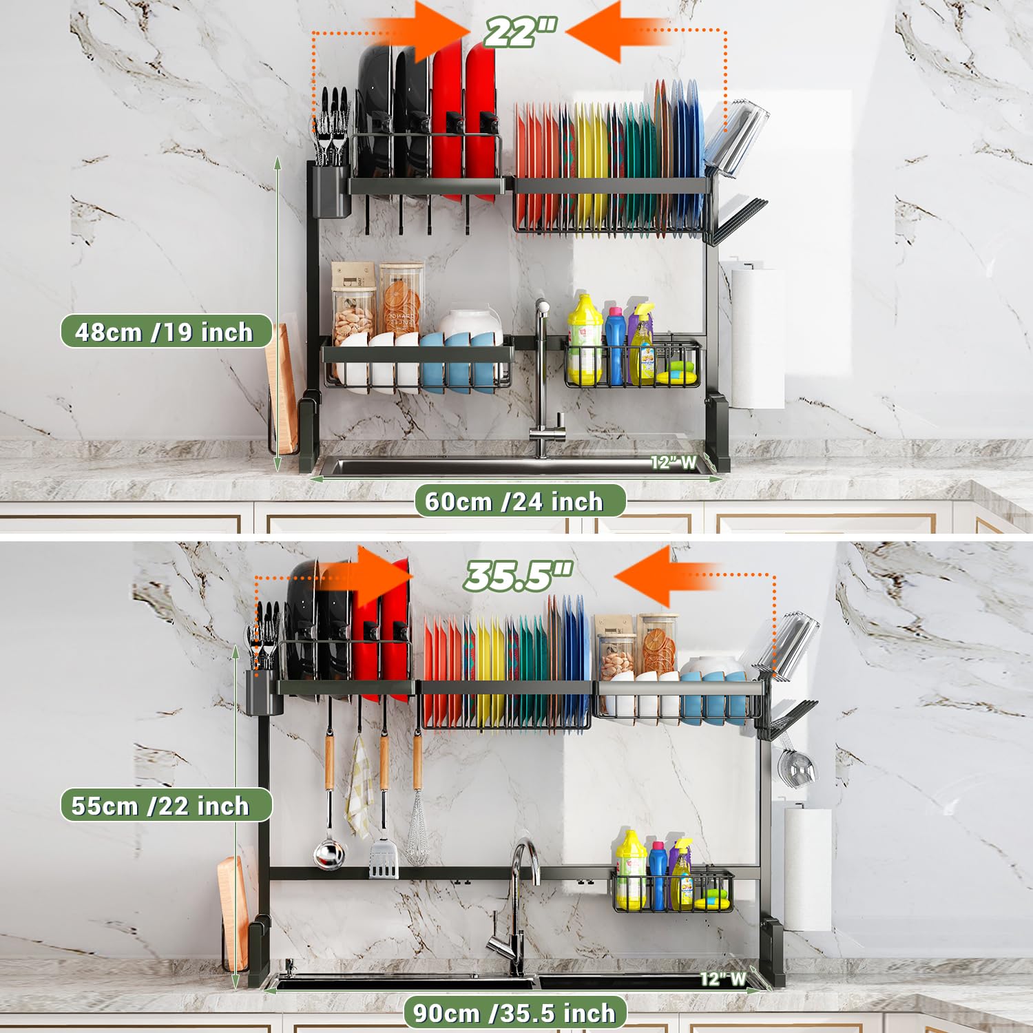 ADBIU Over The Sink (24"- 32.5" L) Dish Drying Rack (Expandable Dimension) Snap-On Design 2 Tier Kitchen Large Dish Drainer Counter Storage Organizer