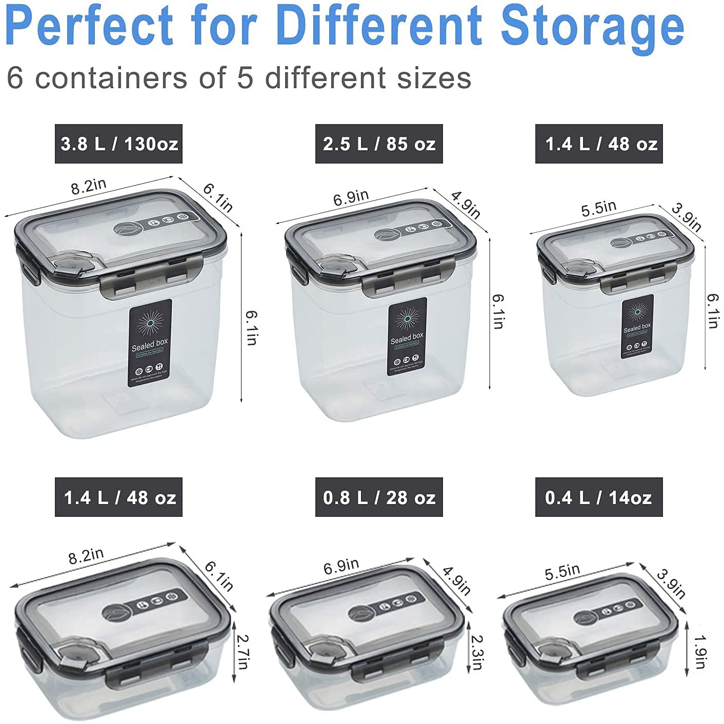 TINGFENG Cereal Containers Storage Set Airtight Food Storage Containers With Lids Flour And Sugar Containers(6 Pack) (Transparent)
