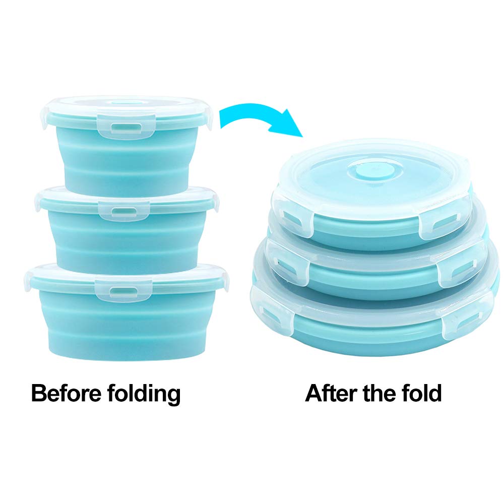 Collapsible Bowls, GLE2016 Silicone Collapsible Food Storage Containers with Lids for Camping, Round Silicone Lunch Containers, Microwave, Dishwasher and Freezer Safe (3, Blue)