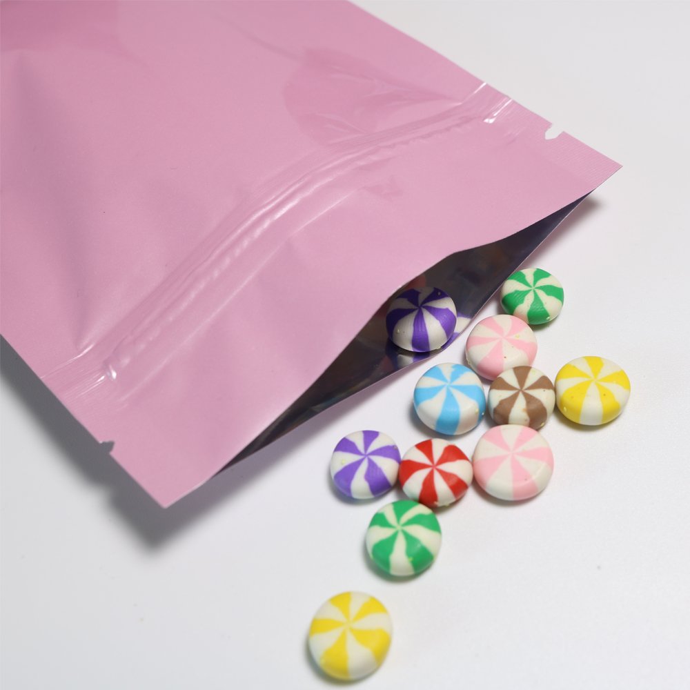 100 Double-Sided Glossy Pink Flat Foil Zip Top Sample Food Safe Packaging Powdered Storage Bags (3oz, Glossy Pink)