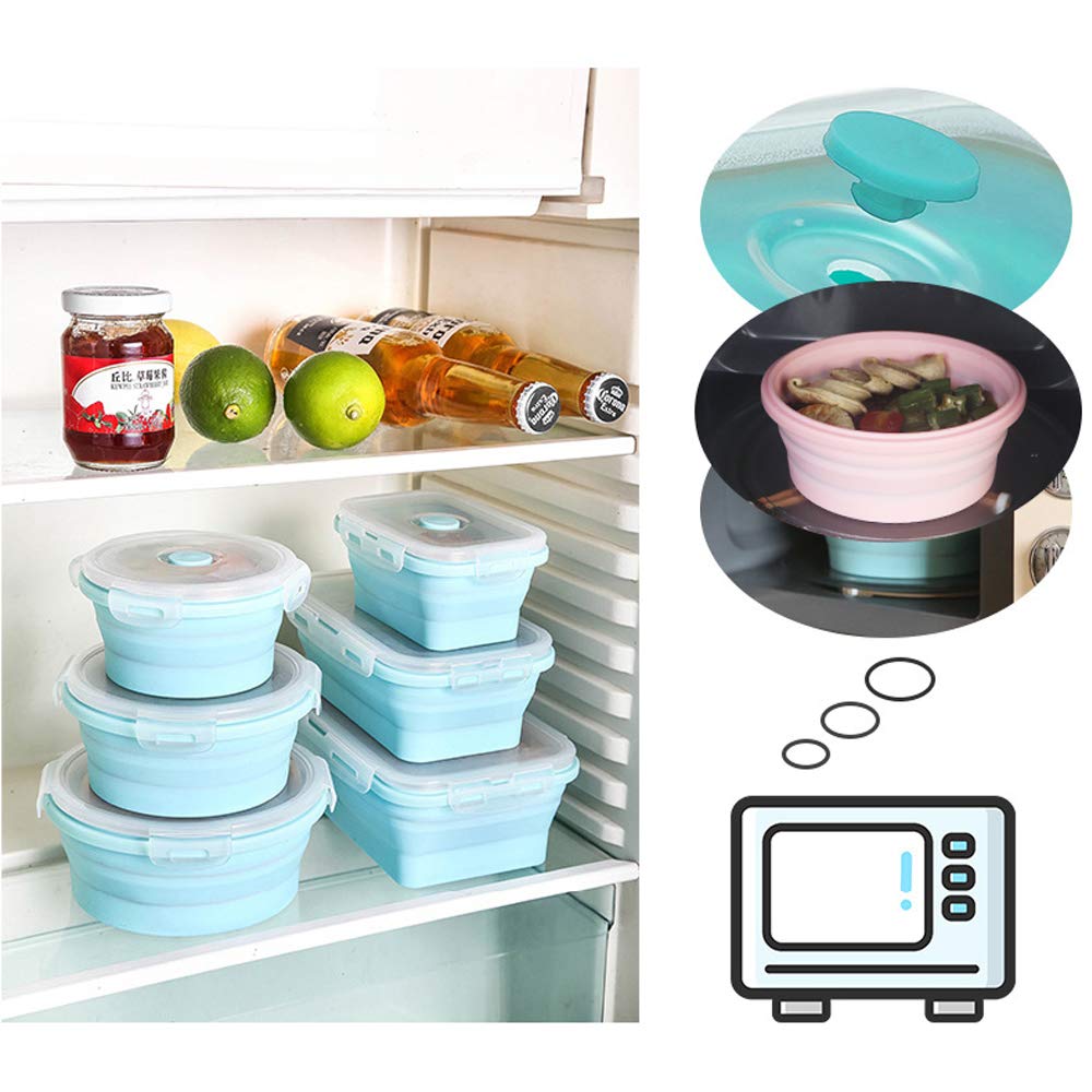 Collapsible Bowls, GLE2016 Silicone Collapsible Food Storage Containers with Lids for Camping, Round Silicone Lunch Containers, Microwave, Dishwasher and Freezer Safe (3, Blue)