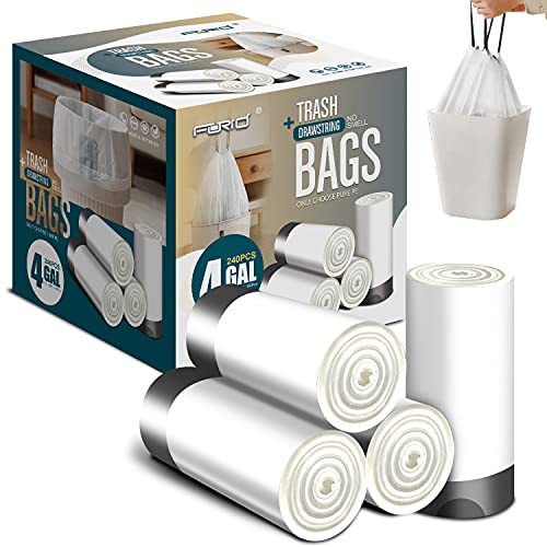 FORID Small Drawstring Trash Bags - 4 Gallon Plastic Garbage Bags 240 Counts White Trash Can Liners 15 Liter for Bathroom Restroom Bedroom Office Toilet