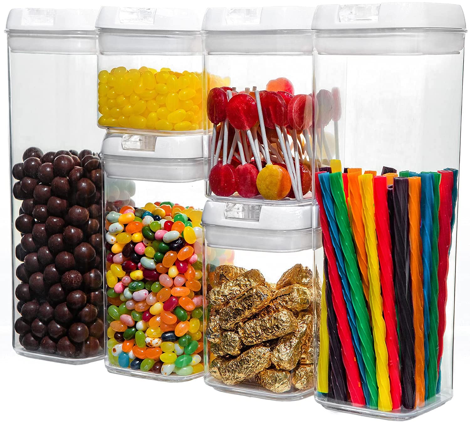 NUMYTON Pasta Containers for Pantry - 6Pcs - Pantry Organization and Storage - Airtight Food Storage Containers for Candy Bars, Chocolate, Twizzler, Toffee Candy, & Cereal