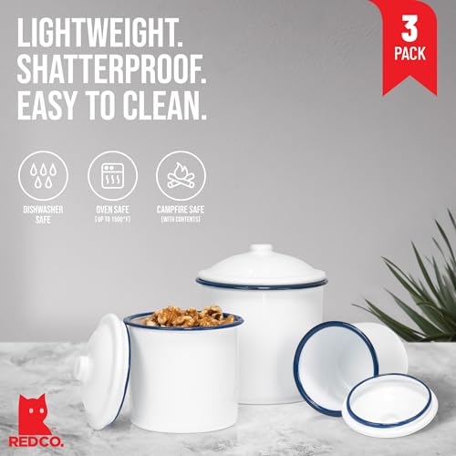 Red Co. White Enamelware Mug Pots with Blue Rim & Lid - Set of 3 Nesting Cups, Perfect for Picnic, Camping, Outdoor Activity