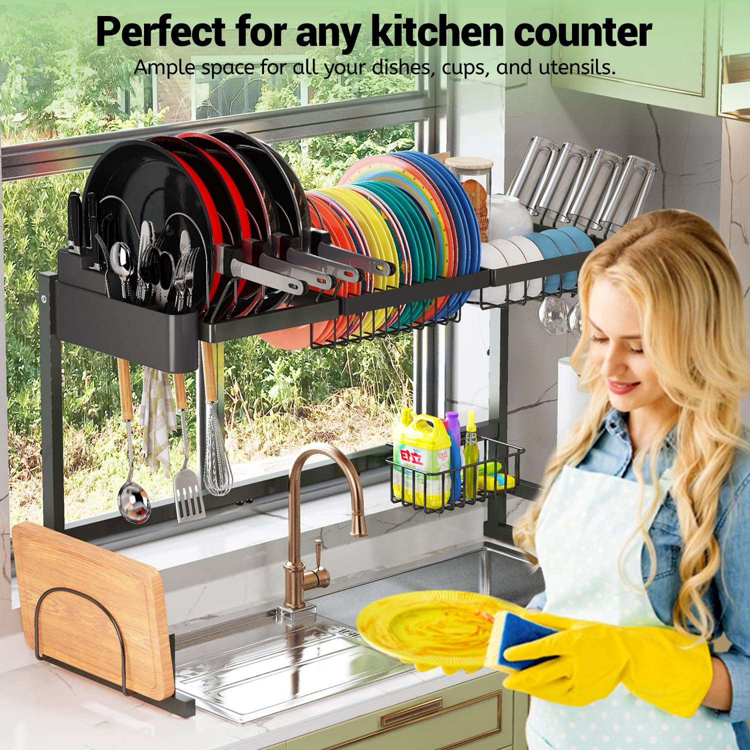ADBIU Over The Sink (24"- 32.5" L) Dish Drying Rack (Expandable Dimension) Snap-On Design 2 Tier Kitchen Large Dish Drainer Counter Storage Organizer