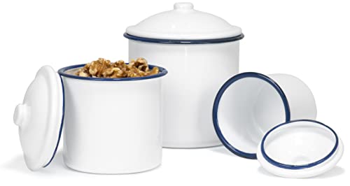 Red Co. White Enamelware Mug Pots with Blue Rim & Lid - Set of 3 Nesting Cups, Perfect for Picnic, Camping, Outdoor Activity