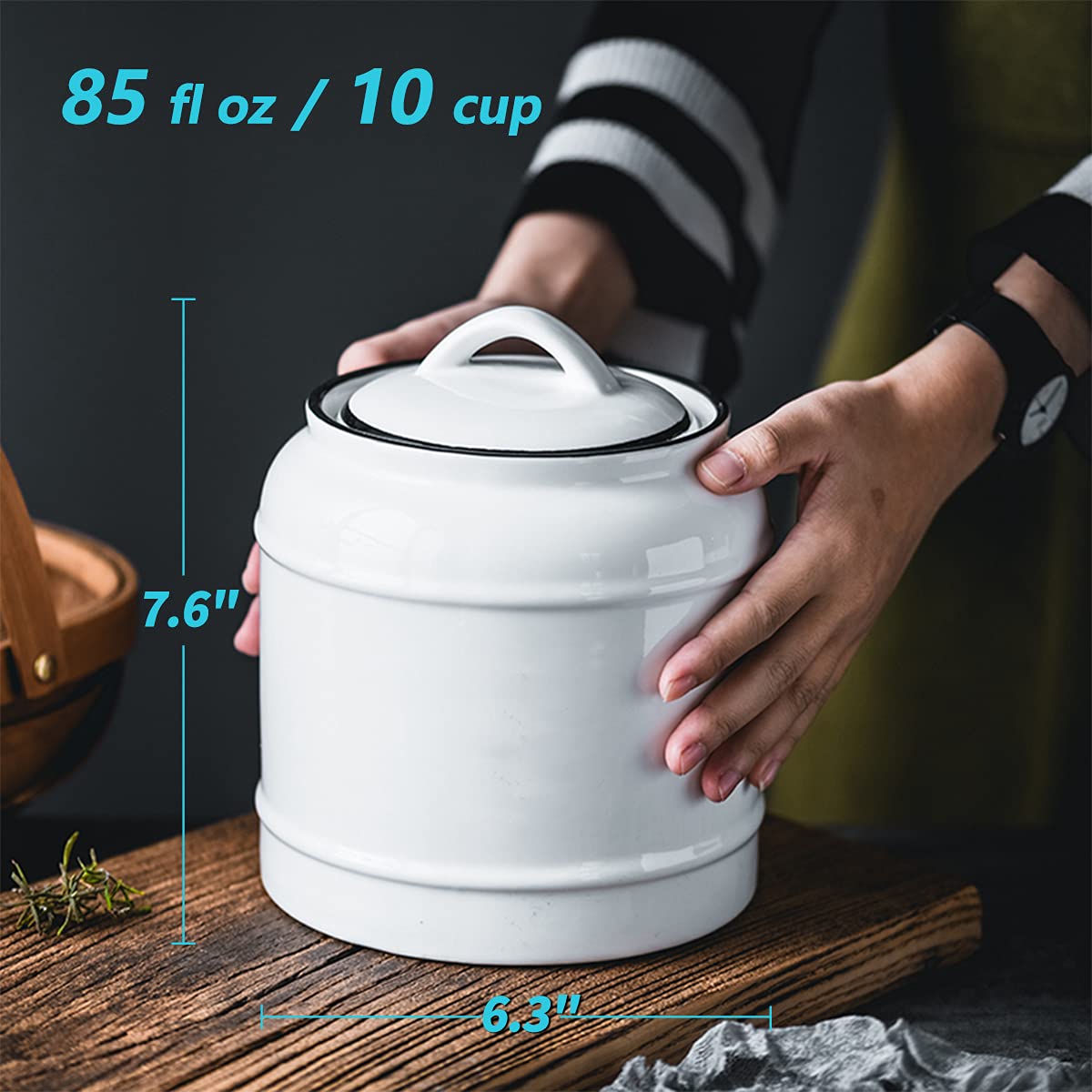 COCOYA 10cup/85oz Large Ceramics Jar with Lid,Big Dry Food Storage Canister Container Porcelain Kitchen Countertop Pantry Farmhouse Round Heavy Store Candy Bean Flour Snacks Cookie Cereal (White)