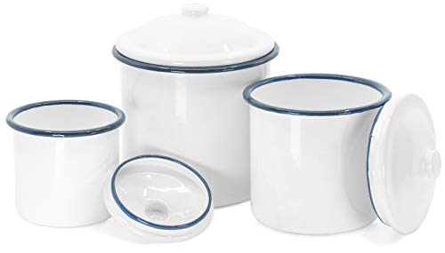 Red Co. White Enamelware Mug Pots with Blue Rim & Lid - Set of 3 Nesting Cups, Perfect for Picnic, Camping, Outdoor Activity
