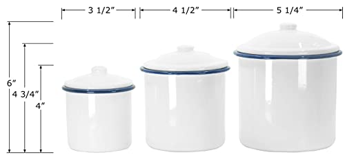 Red Co. White Enamelware Mug Pots with Blue Rim & Lid - Set of 3 Nesting Cups, Perfect for Picnic, Camping, Outdoor Activity