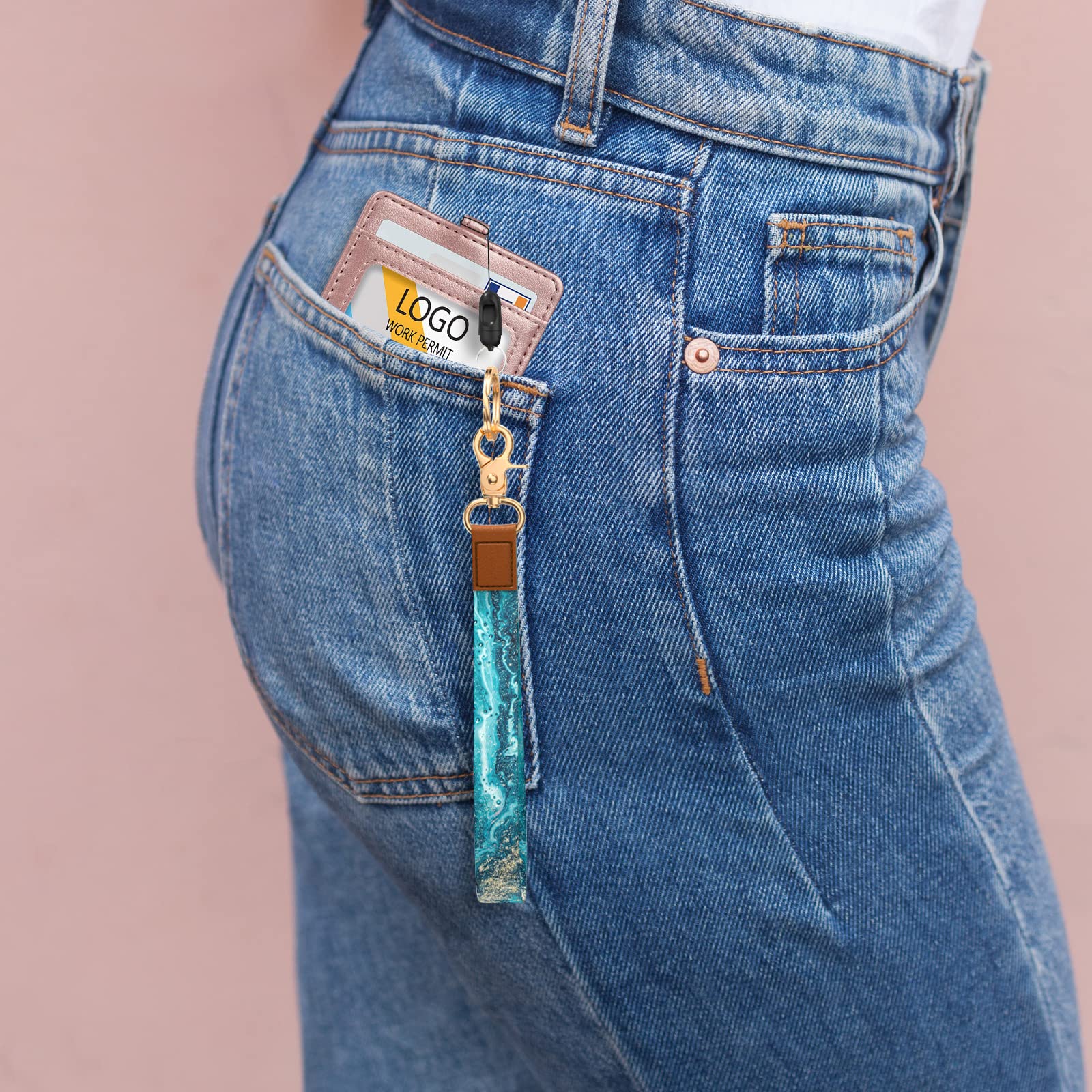 Hsxnam Wrist Lanyard Key Chain, Cute Wristlet Strap Keychain Holder for Women Men Keys Airpods ID Badges Phone, Teal Marble