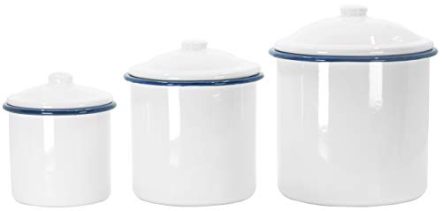 Red Co. White Enamelware Mug Pots with Blue Rim & Lid - Set of 3 Nesting Cups, Perfect for Picnic, Camping, Outdoor Activity