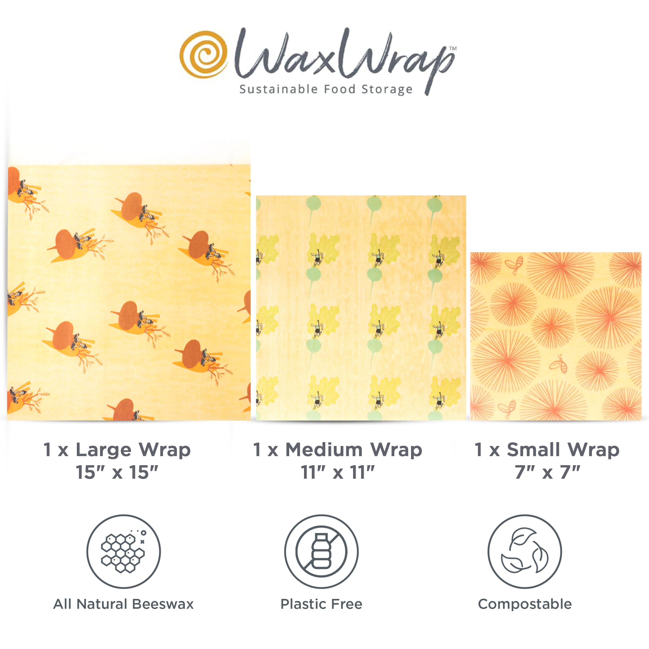 WaxWrap Beeswax Wraps for Food - Organic Cotton Food Wraps - Eco Friendly Reusable Stretch Wrap - Bees Wax Wraps Reusable Food Storage | Assorted 3 Pack (S, M, L)